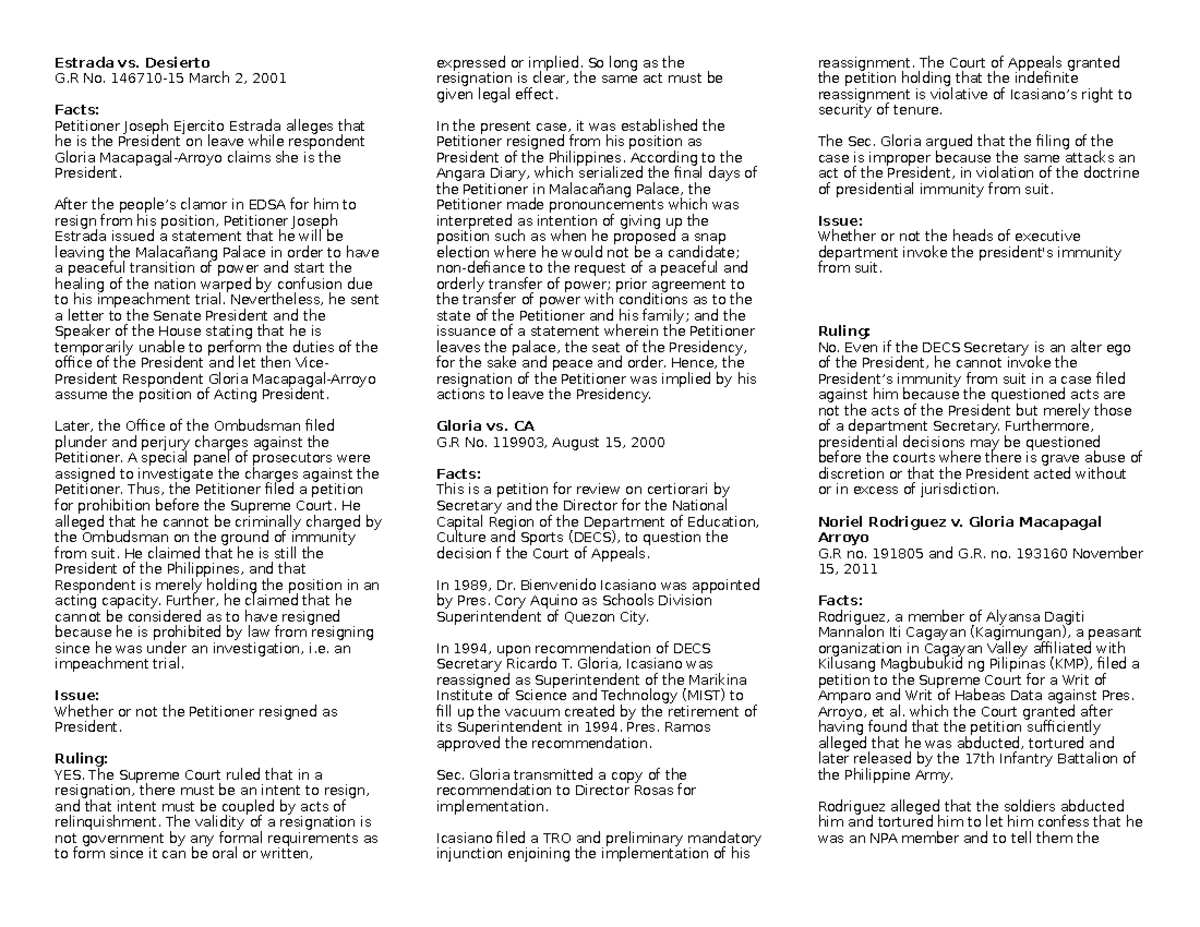Executive Dept - consti 2 - Estrada vs. Desierto G No. 146710-15 March ...
