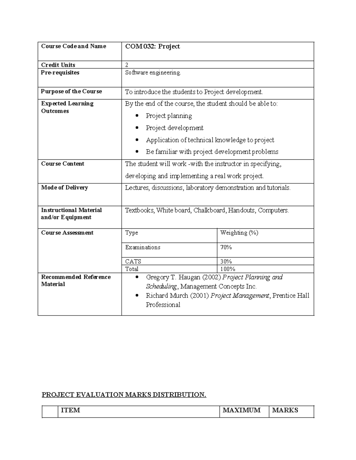 Project outline - Course Code and Name COM 032: Project Credit Units 2 ...