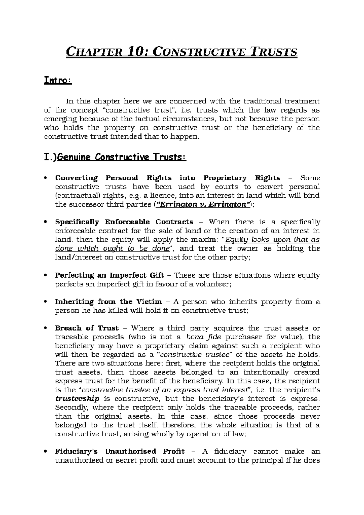 Constructive Trusts - C HAPTER 10: CONSTRUCTIVE TRUSTS Intro: In this chapter here we are ...