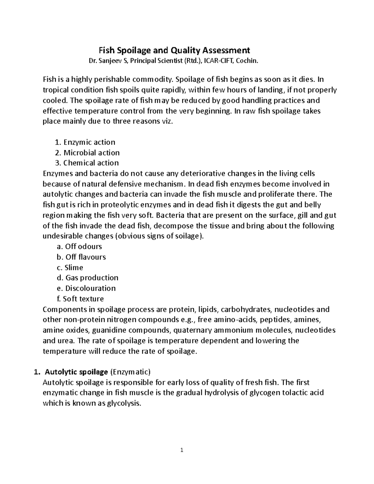 Fish Spoilage and Quality Assessment - Sanjeev S, Principal Scientist ...