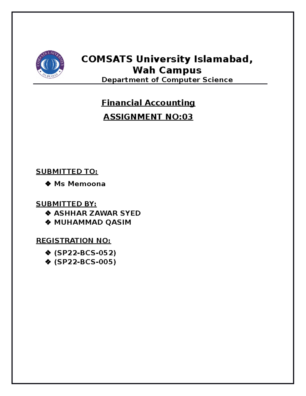 Assignment 03 - COMSATS University Islamabad, Wah Campus Department of Computer Science ...