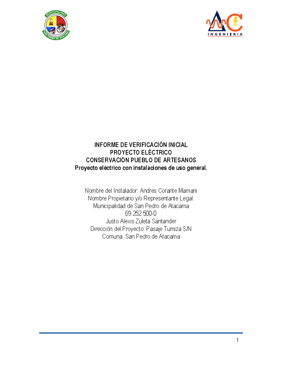 VERIFICACION INICIAL DE INSTALACIONES - INFORME DE VERIFICACI”N INICIAL PROYECTO EL.. CONSERVACI ...