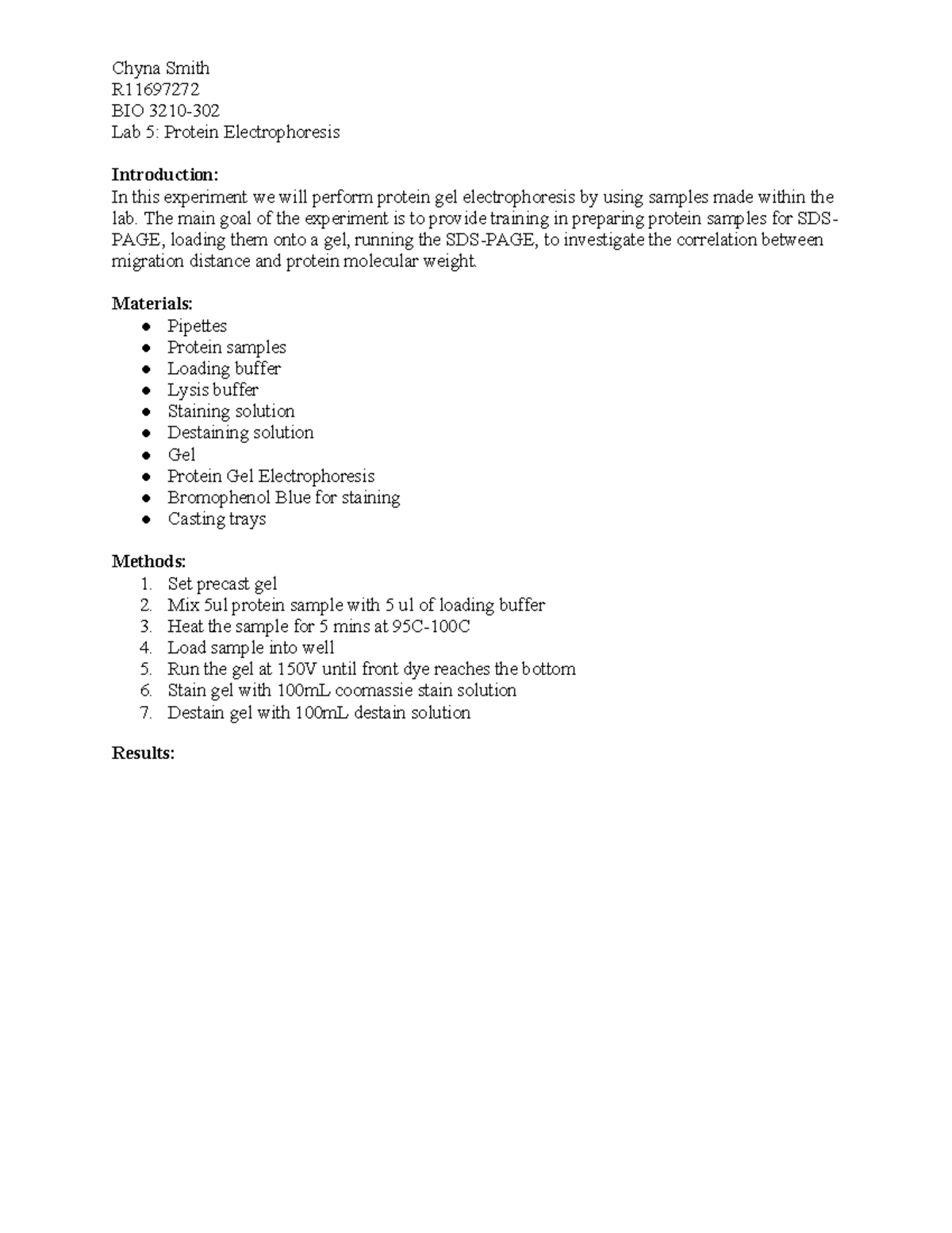 BIOL3120 302 Smith Chyna Lab5 - Chyna Smith R BIO 3210- Lab 5: Protein ...