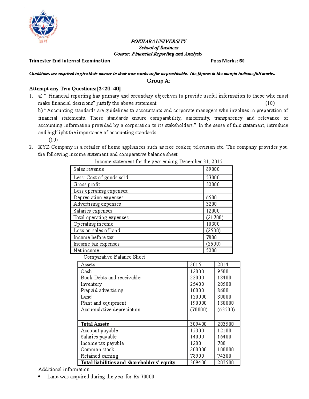 Question 2020 - POKHARA UNIVERSITY School of Business Course: Financial ...