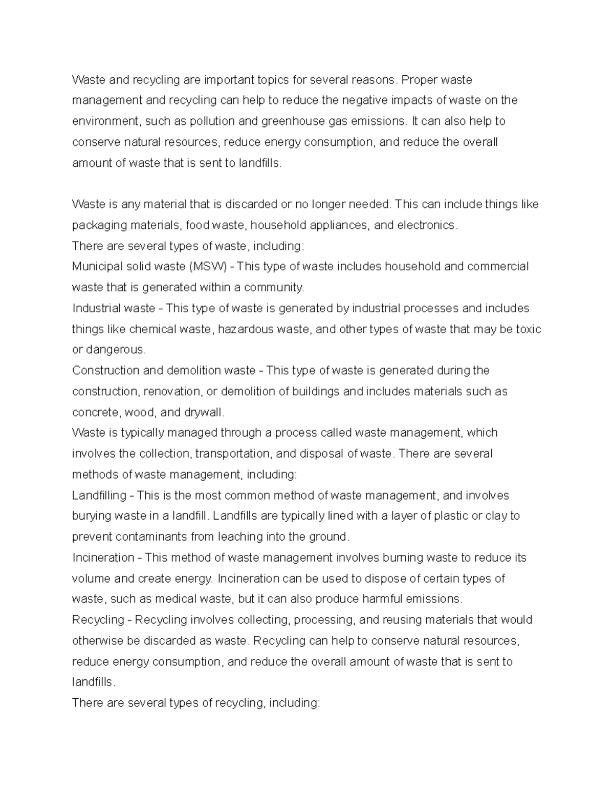 Waste and Recycling Notes - Waste and recycling are important topics ...