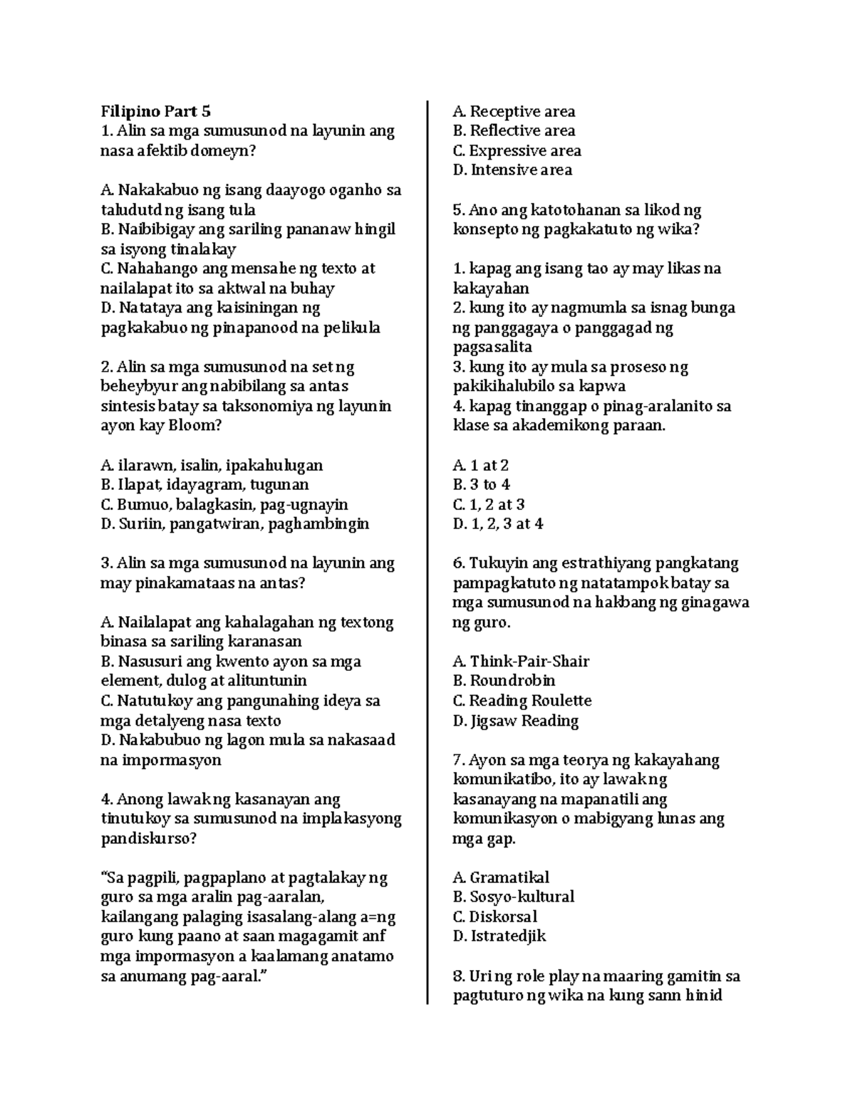 LET Reviewer Part 5 Filipino Major with Key - Filipino Part 5 Alin sa ...