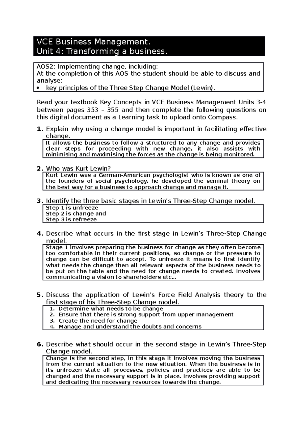 Lewin's Three-Step Model WS - VCE Business Management. Unit 4 ...