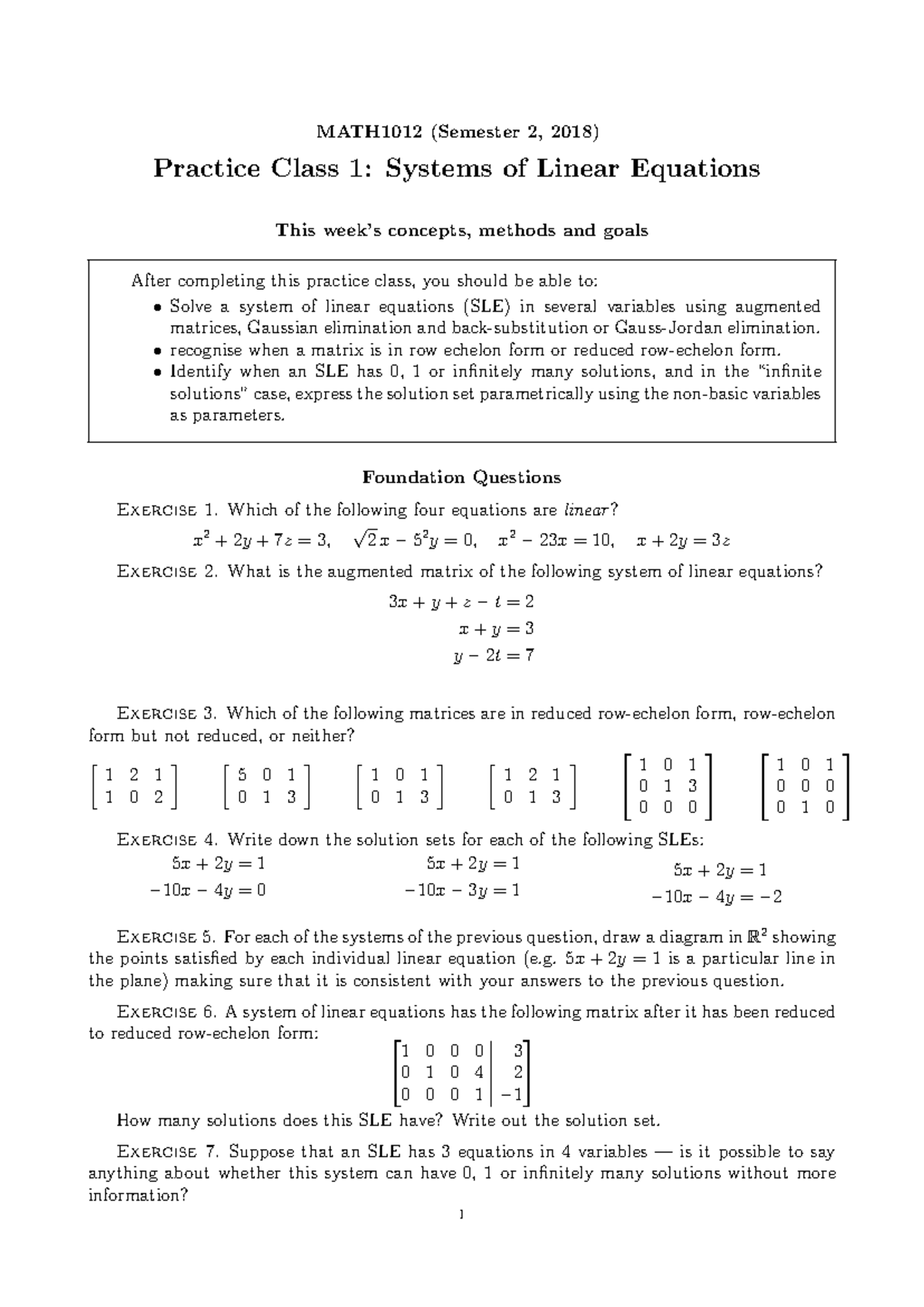 2018 prac 01 week 02 - MATH1012 (Semester 2, 2018) Practice Class 1: Systems of Linear Equations ...