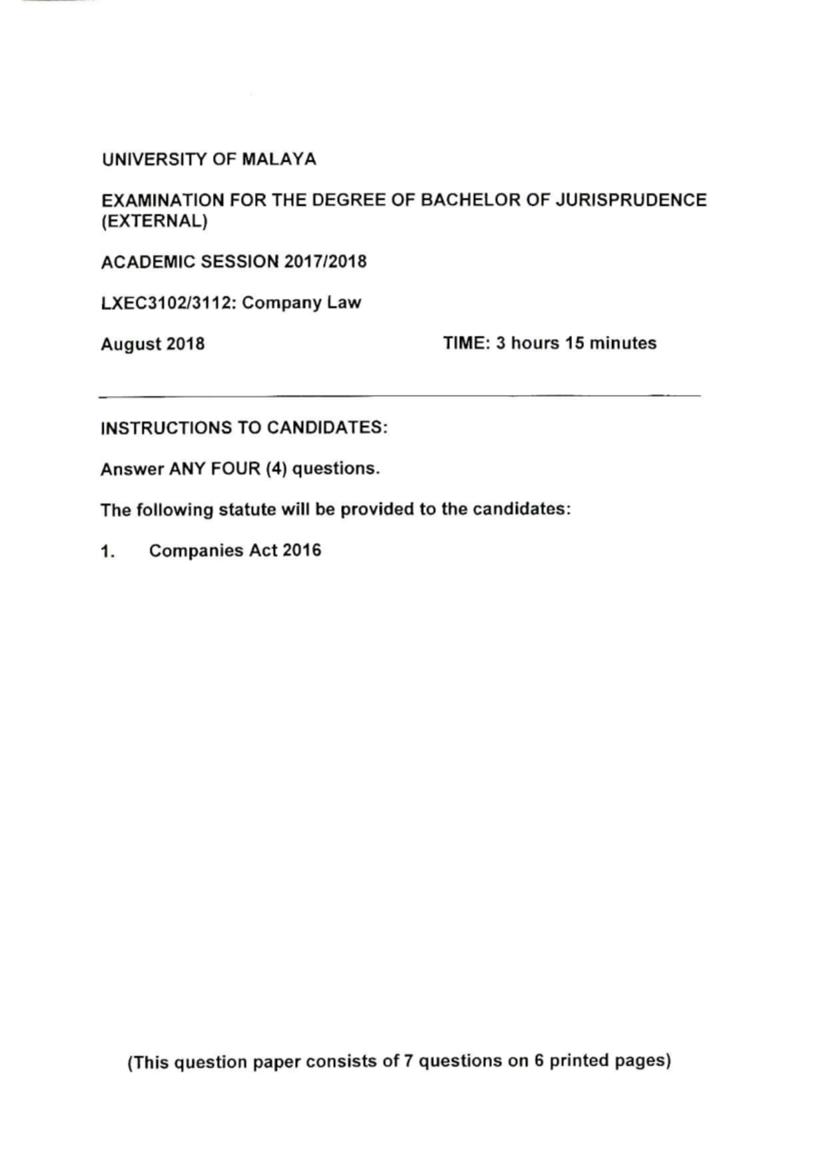 LXEC3102 3112 E 1 2018 - Soalan EXAM - Company Law - Studocu
