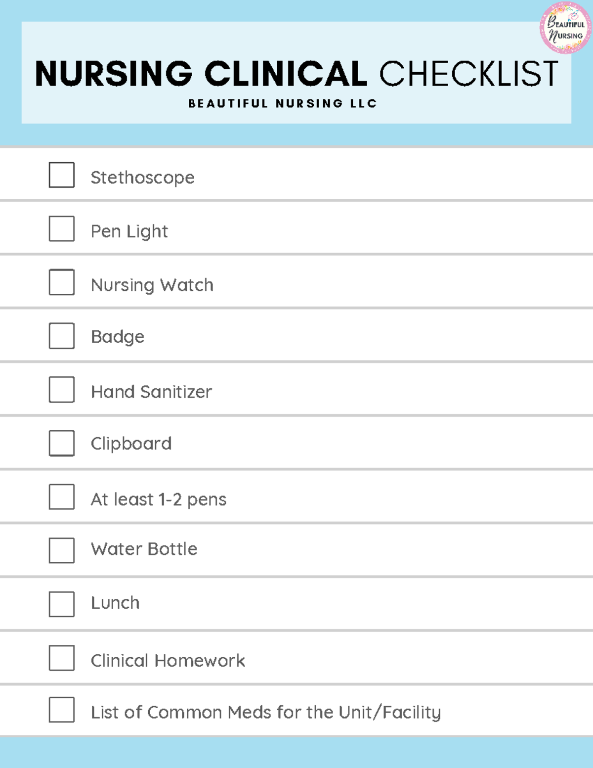 Clinical Checklist - Notes - NSG 123 - B E A U T I F U L N U R S I N G ...