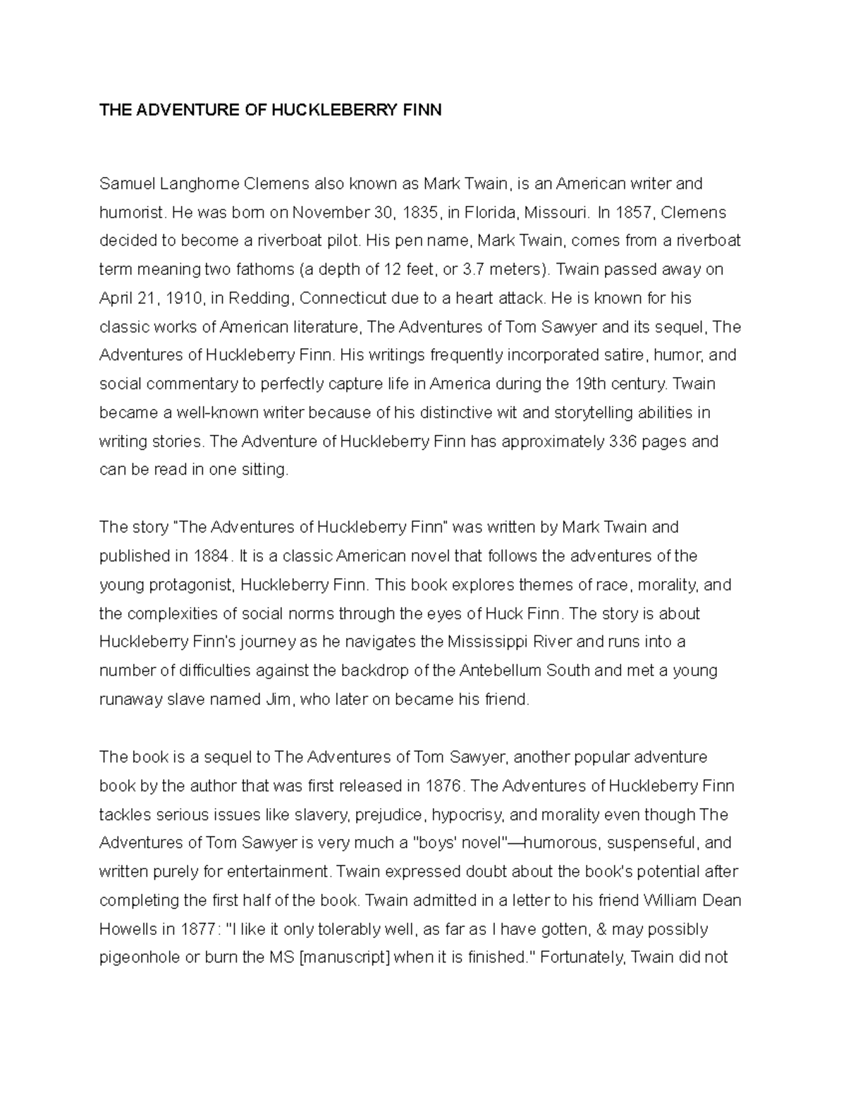 BOOK Review Huckleberry Finn - THE ADVENTURE OF HUCKLEBERRY FINN Samuel ...