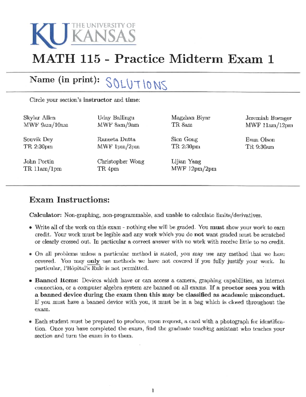MATH 115 Practice exam solutions - MATH 115 - Studocu