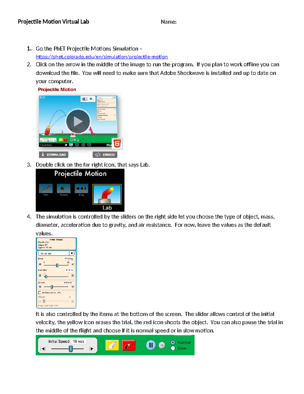 Projectile Motion Virtual Lab Instructions - Projectile Motion Virtual ...