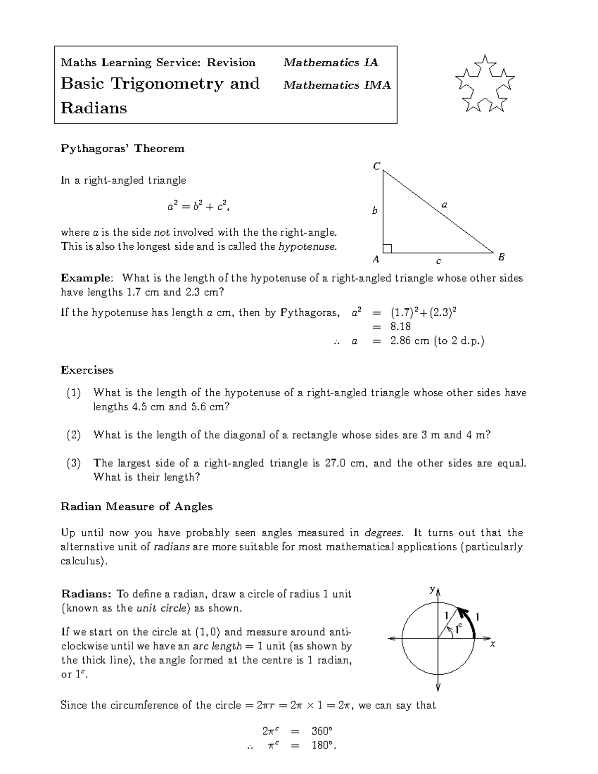 Lecture notes, lecture Basic Trigonometry and Radians - Maths Learning ...
