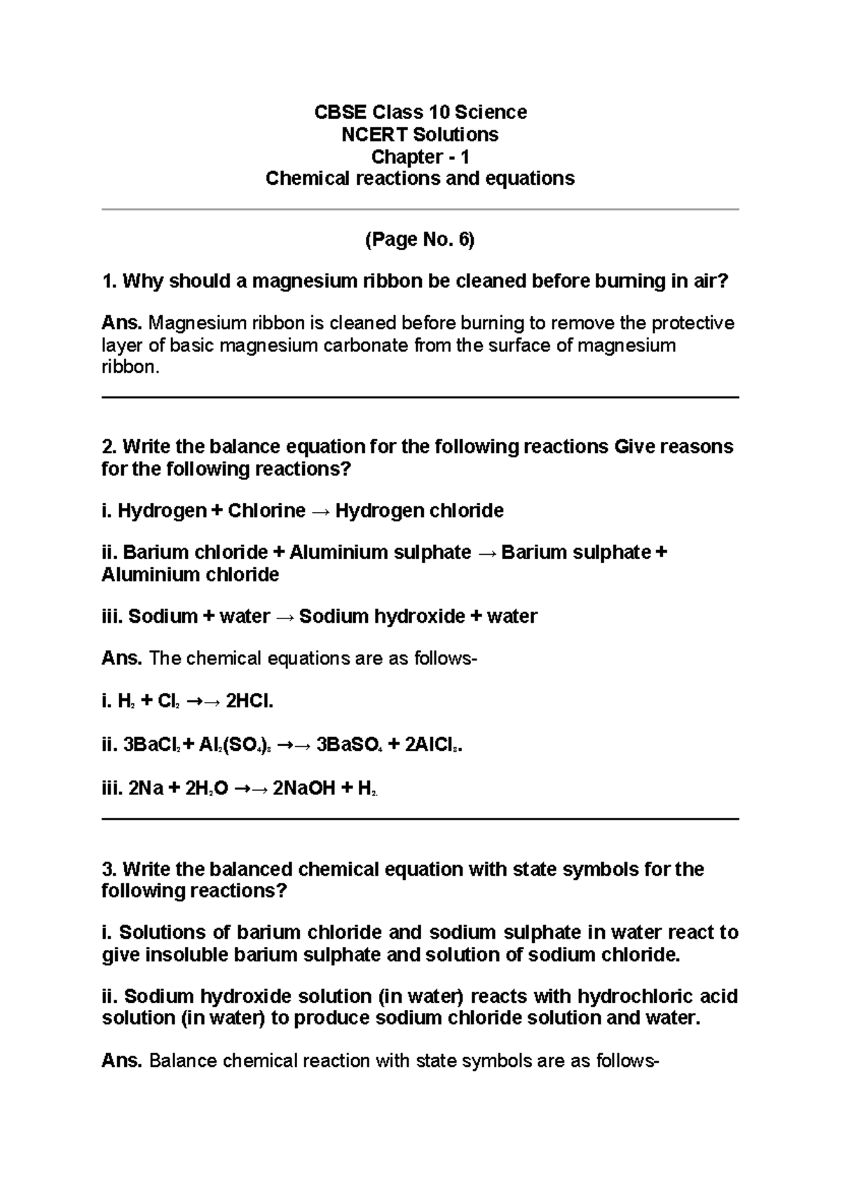 Intext and end exercise questions with answer- Chemical reaction and ...