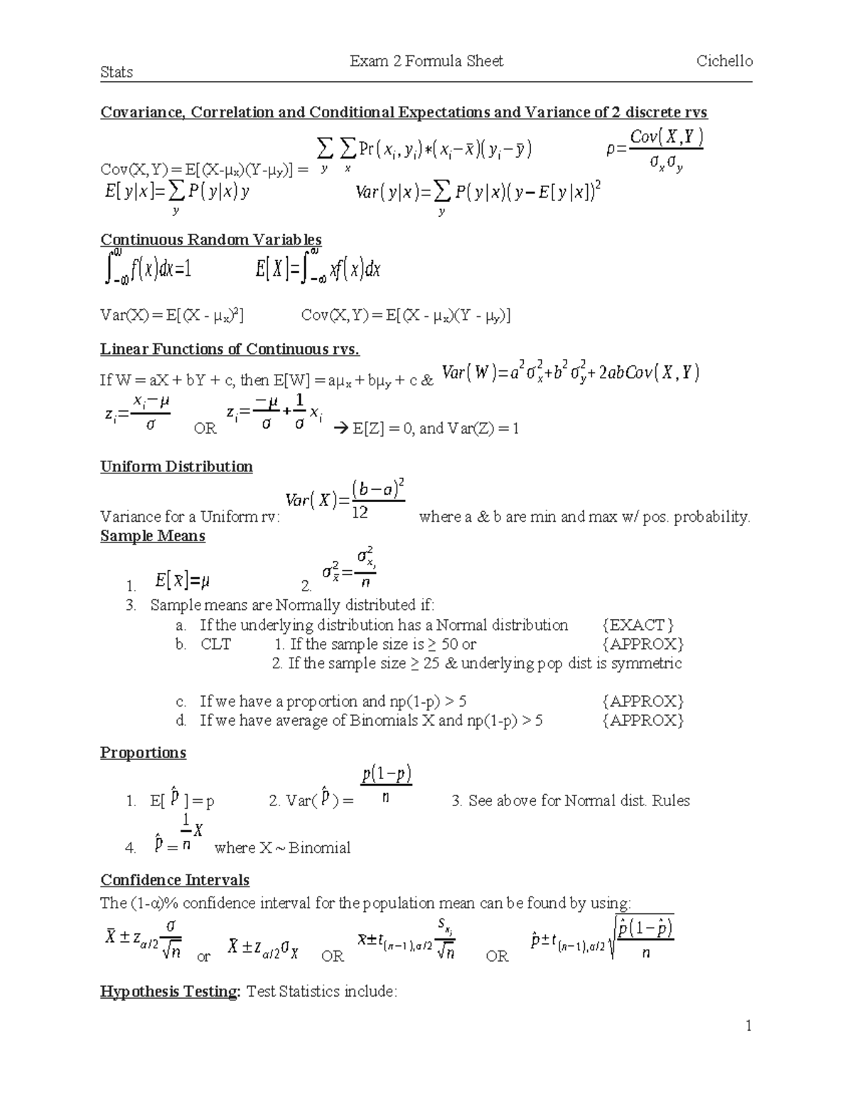 Formula sheet for midterm 2-1 - Stats Covariance, Correlation and Conditional Expectations and ...