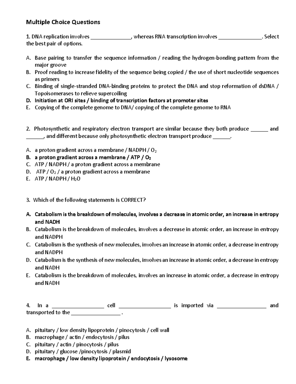 BIOL1007 Sample exam 2020 - Multiple Choice Questions DNA replication ...