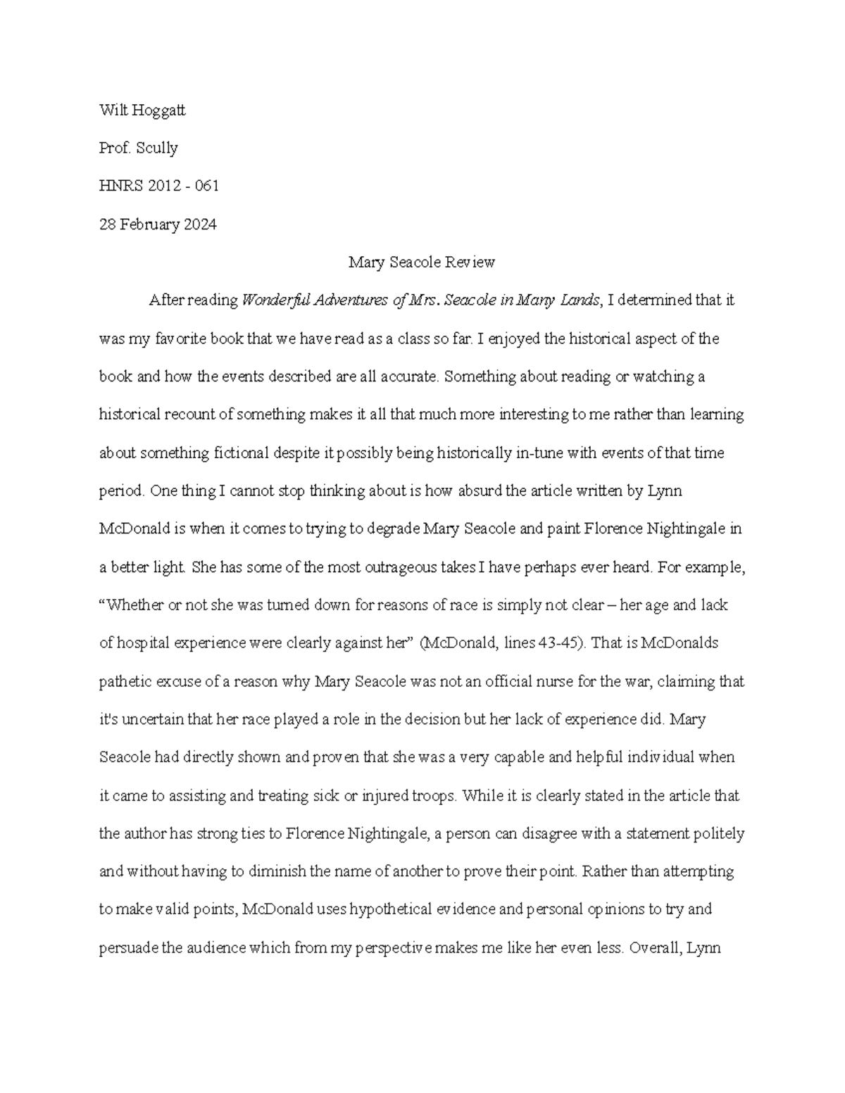 HNRS 2012 - Douglas Scully Wilt Hoggatt - Mary Seacole Review - Wilt ...