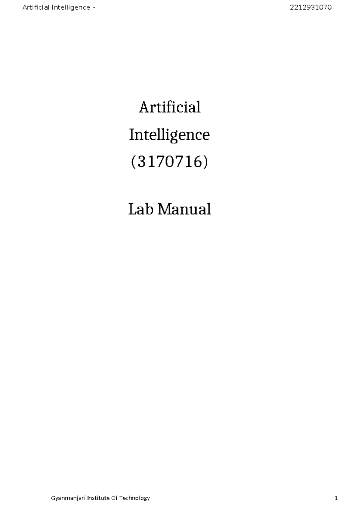 ai practical lab manual - 3170716 18 Artificial Intelligence (3170716 ...