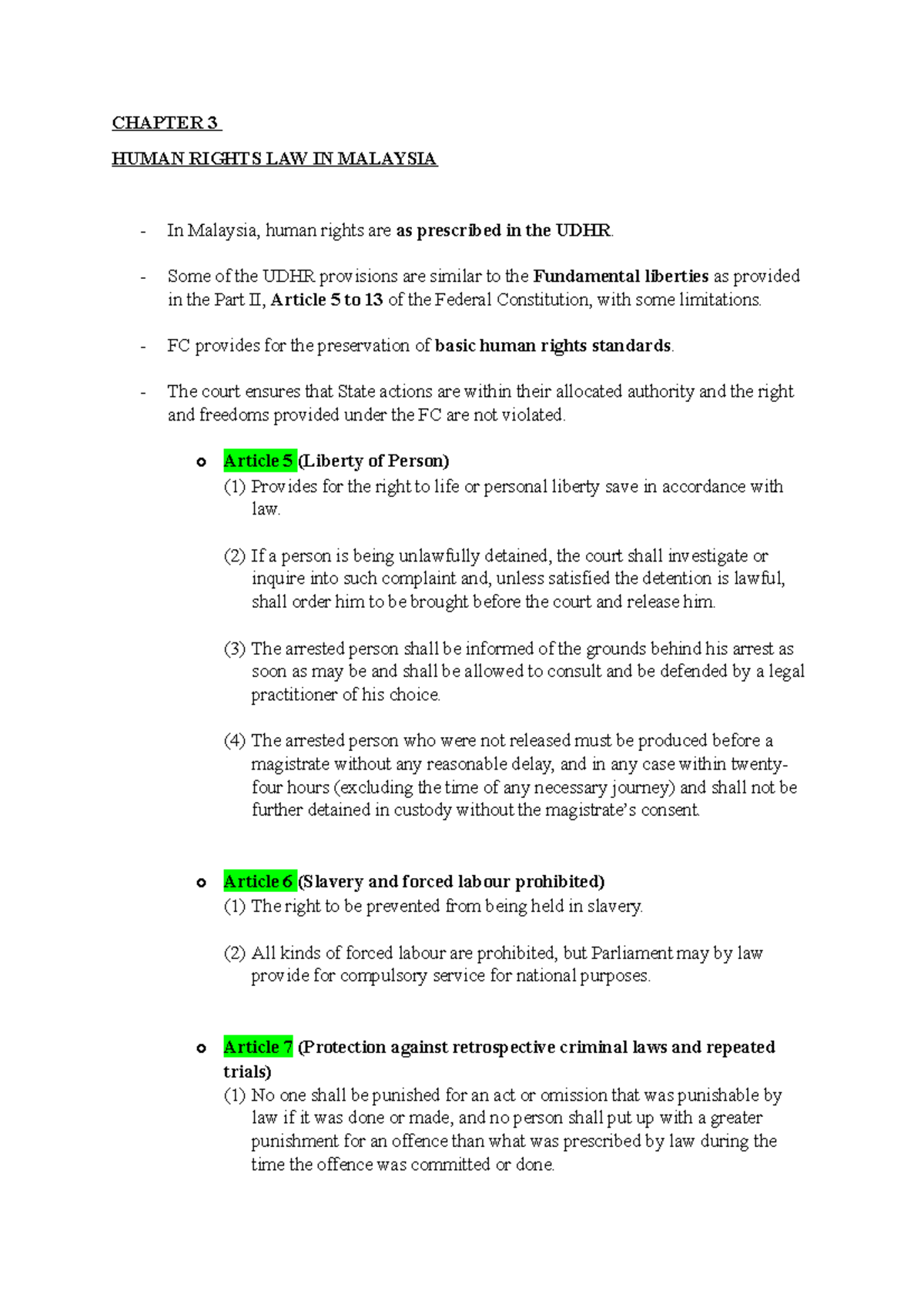 Chapter 3 notes - helpful - CHAPTER 3 HUMAN RIGHTS LAW IN MALAYSIA In ...