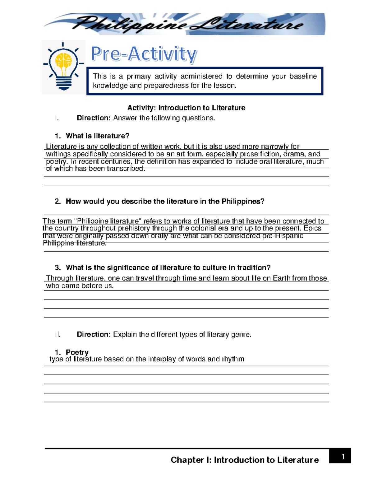 Chapter 1 - Preactivity - Introduction TO Literature Module - Chapter I ...