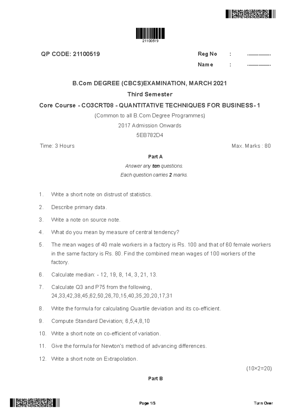 QT for Business -I - Question paper - QP CODE: 21100519 Reg No : ..................... Name ...