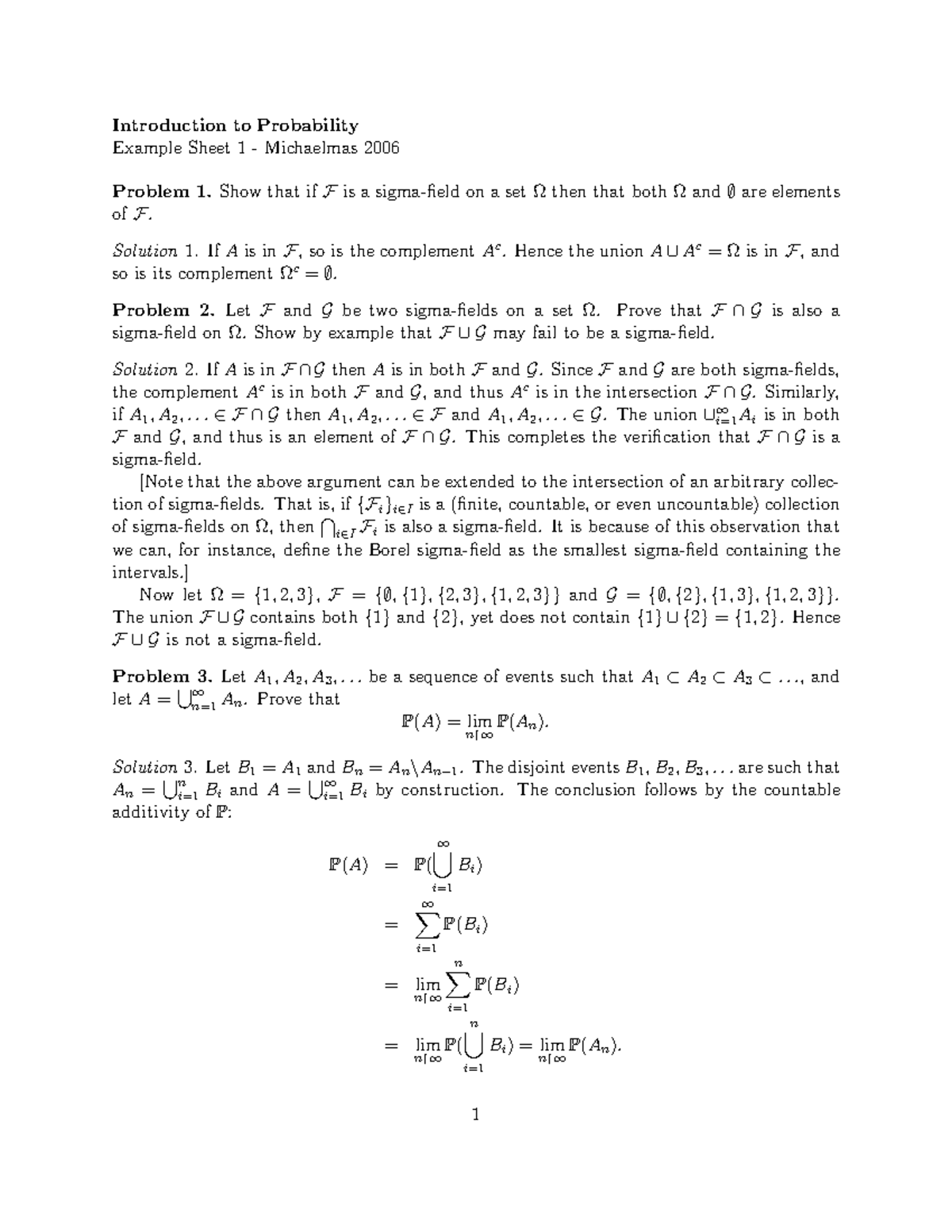Example 1- with solutions - Introduction to Probability Example Sheet 1 ...