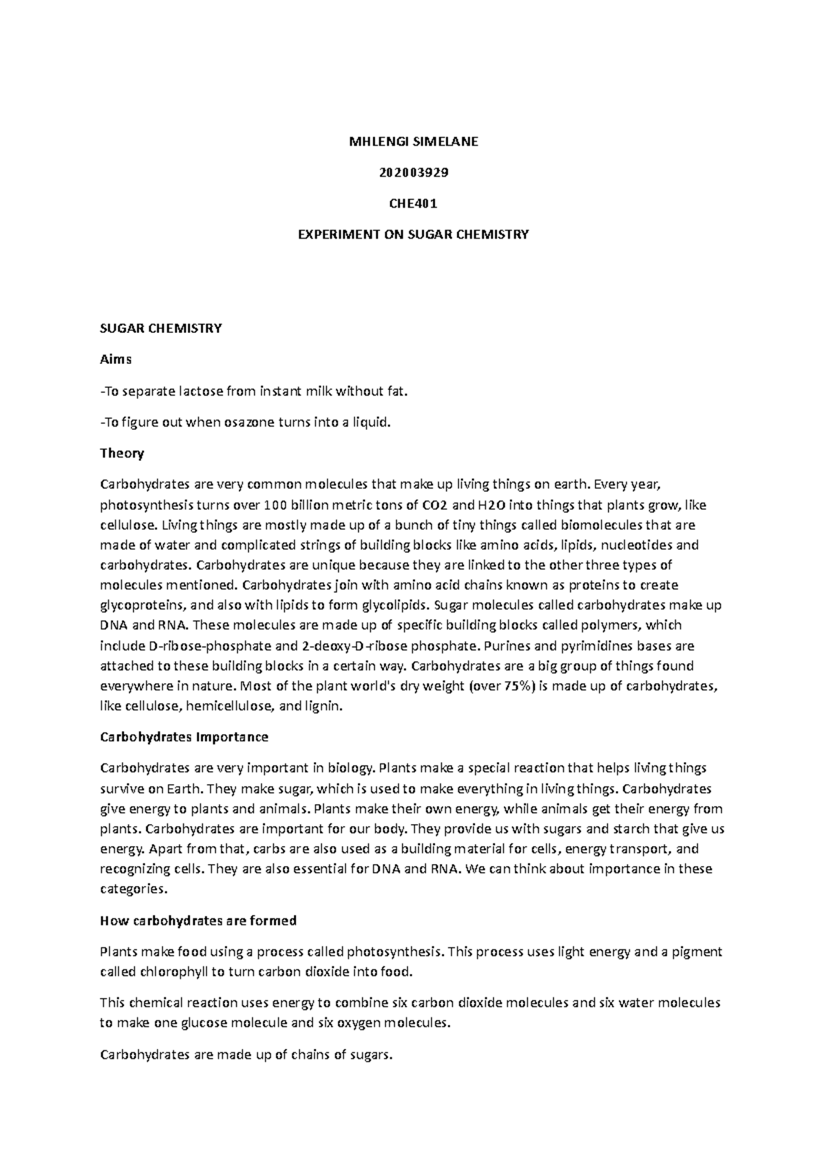 Sugar Chemistry - LAB REPORT - MHLENGI SIMELANE 202003929 CHE ...