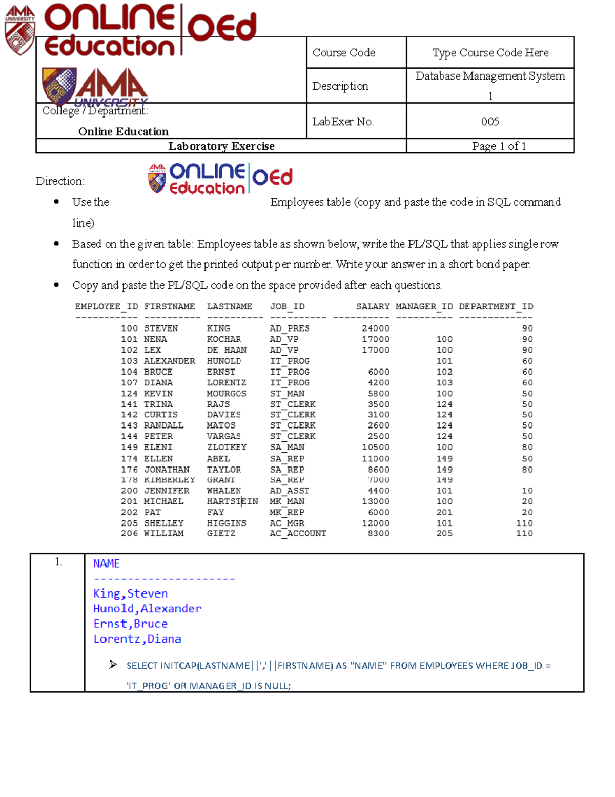 Week010-Single Row-Lab Exer 005 - Course Code Type Course Code Here Description Database ...