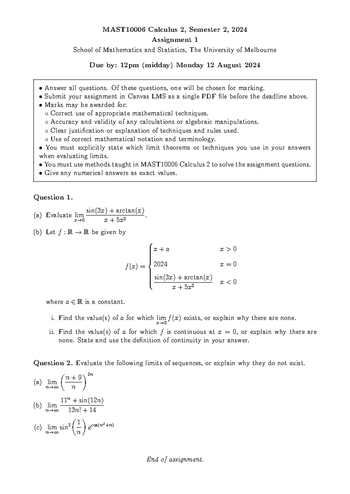 Assignment 1 MAST10006 2024s2 - MAST10006 Calculus 2, Semester 2, 2024 ...