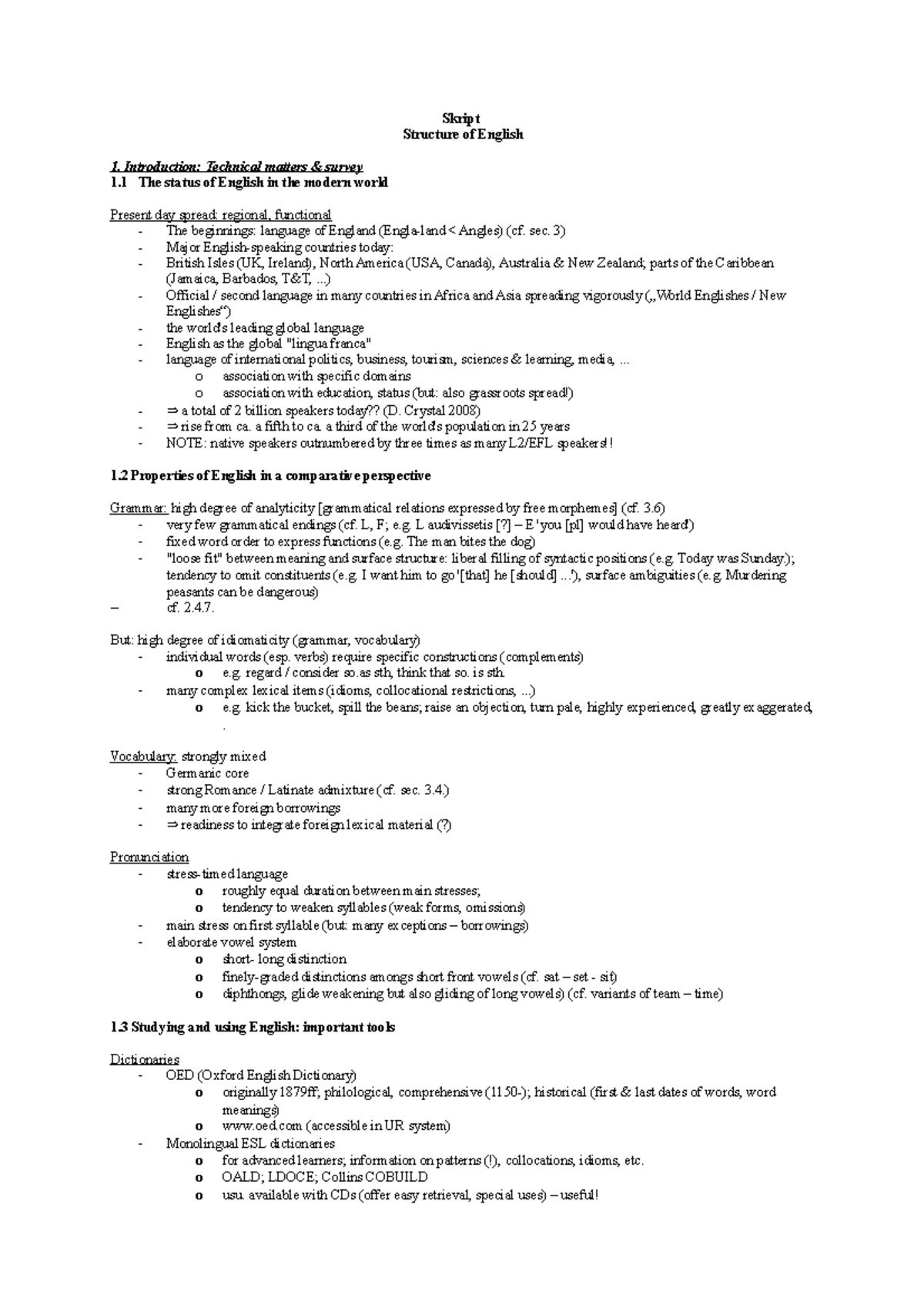 Skript Structure of english - Introduction: Technical matters survey 1 ...