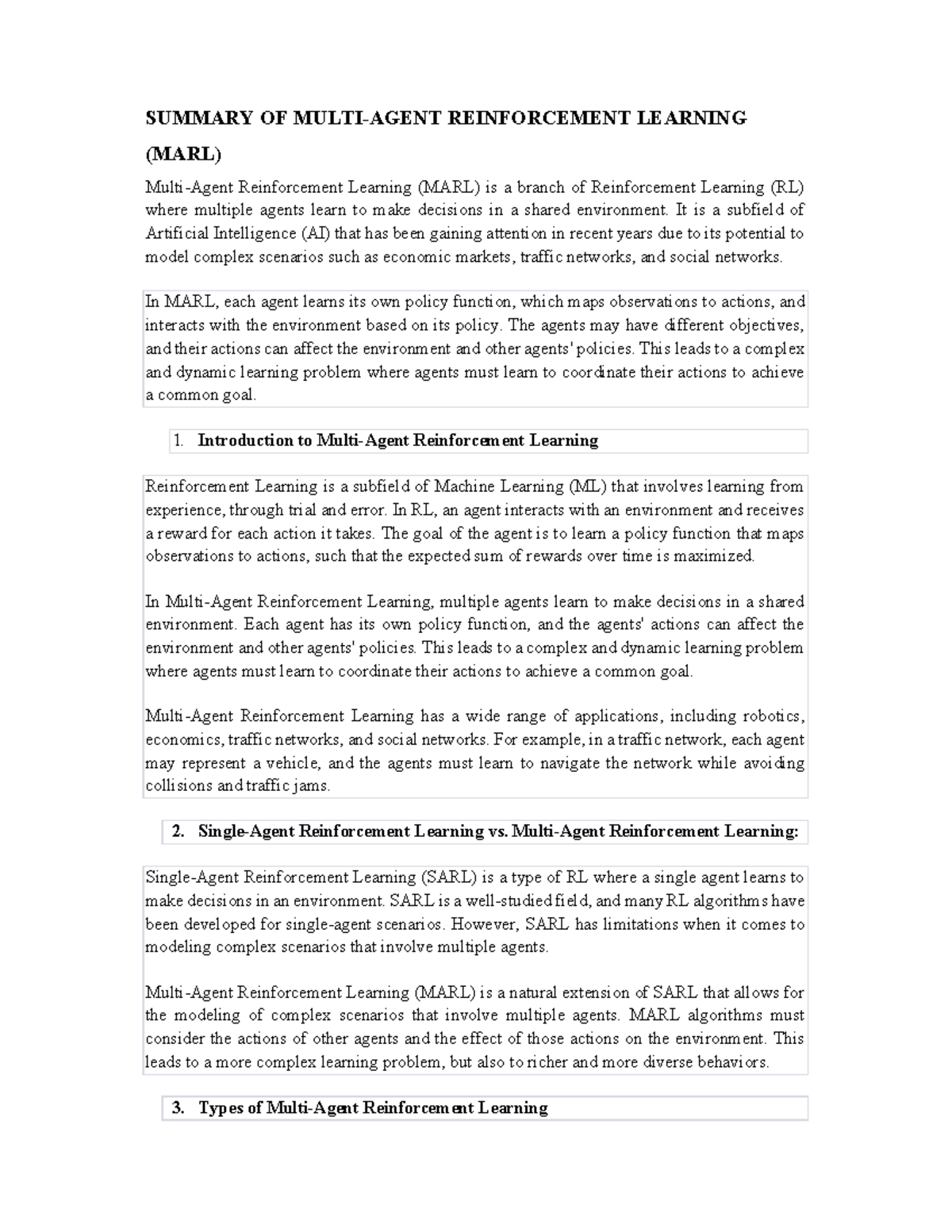 Summary of Multi- Agent Reinforcement Learning (MARL) - SUMMARY OF ...