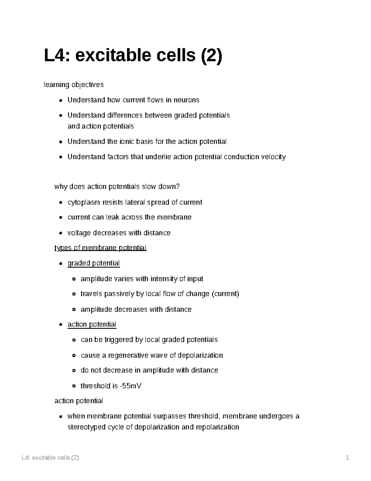 L4 excitable cells - current flow in neurons, graded and action ...