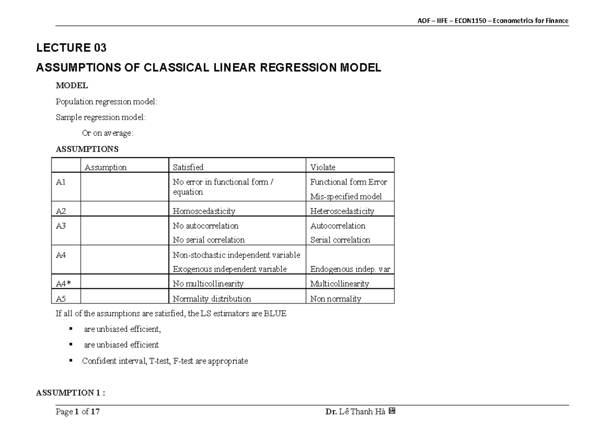 ECON1150 Lec 03 - bài giảng chương 3 - LECTURE 03 ASSUMPTIONS OF ...