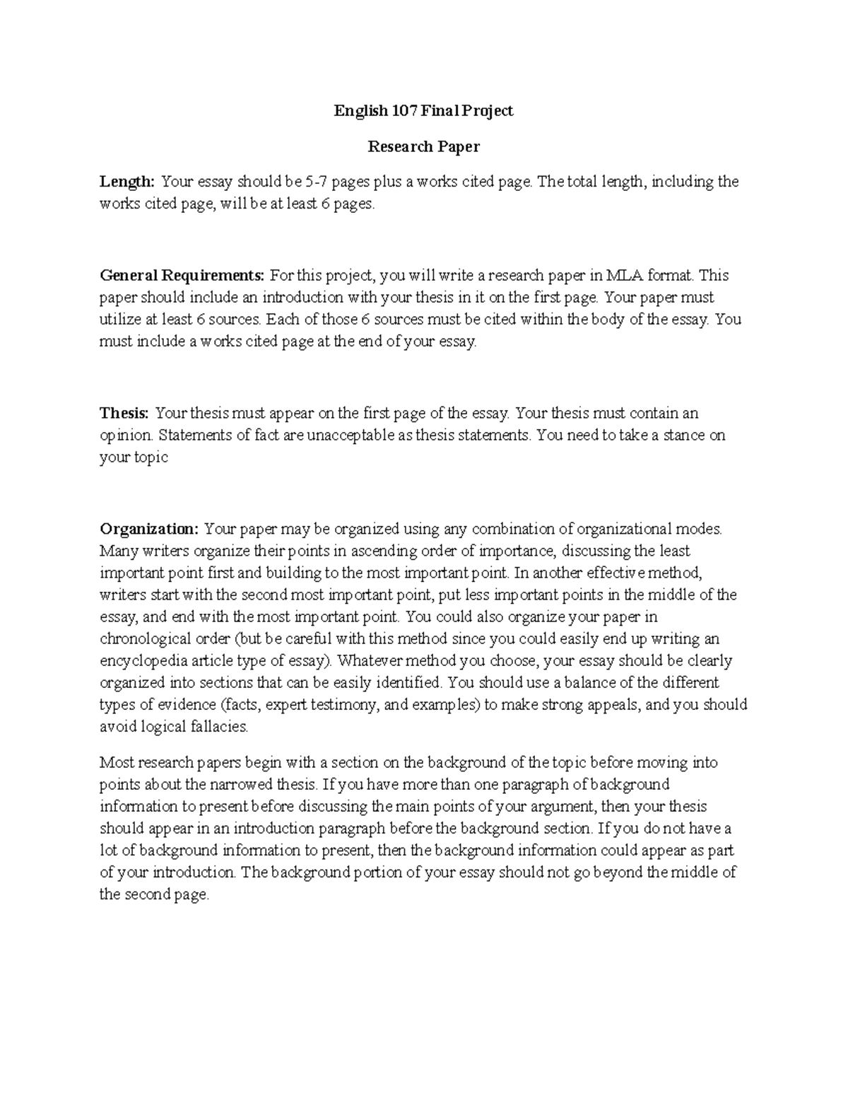 Research Assignment Sheet. Spring 2018 tth - English 107 Final Project ...