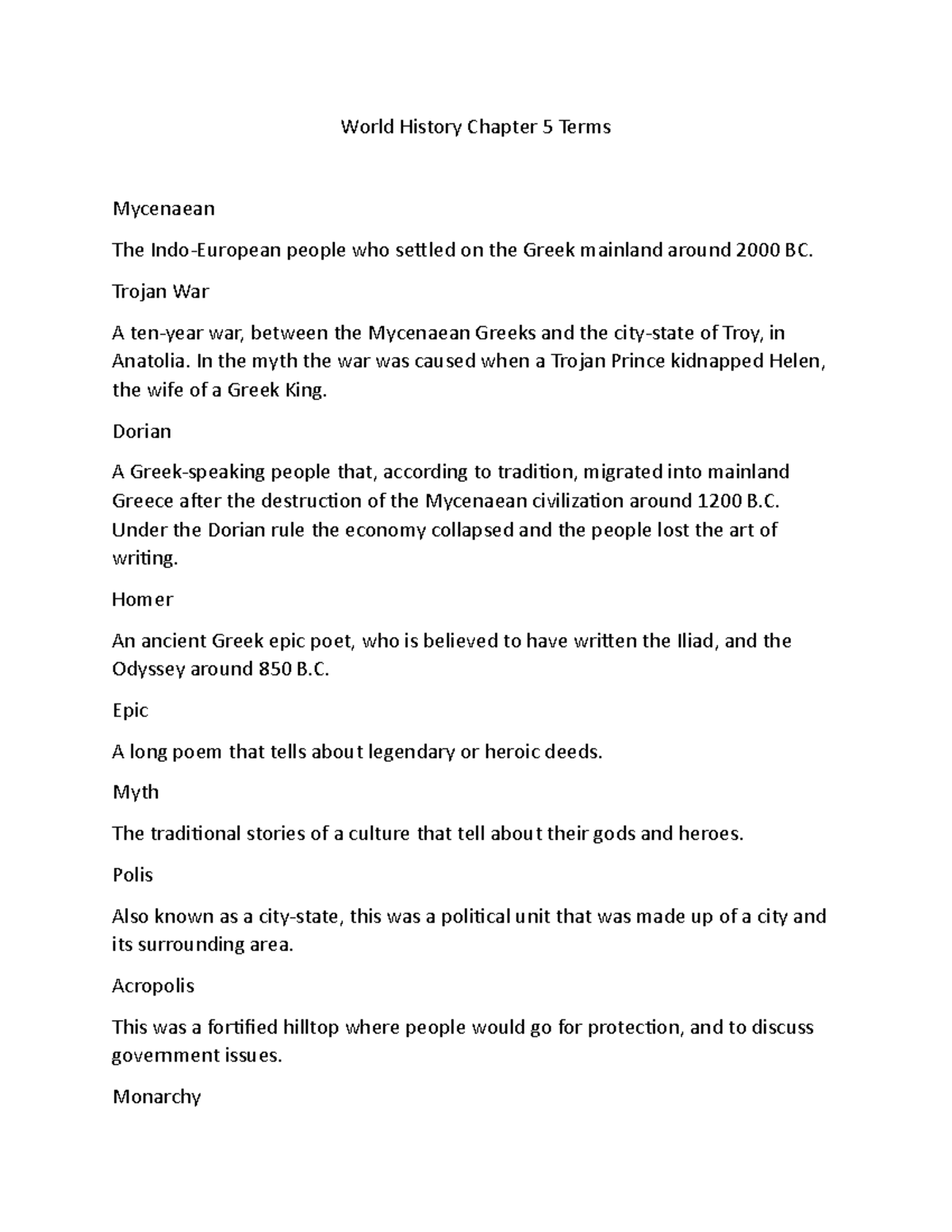 World History Chapter 5 Terms - World History Chapter 5 Terms Mycenaean ...