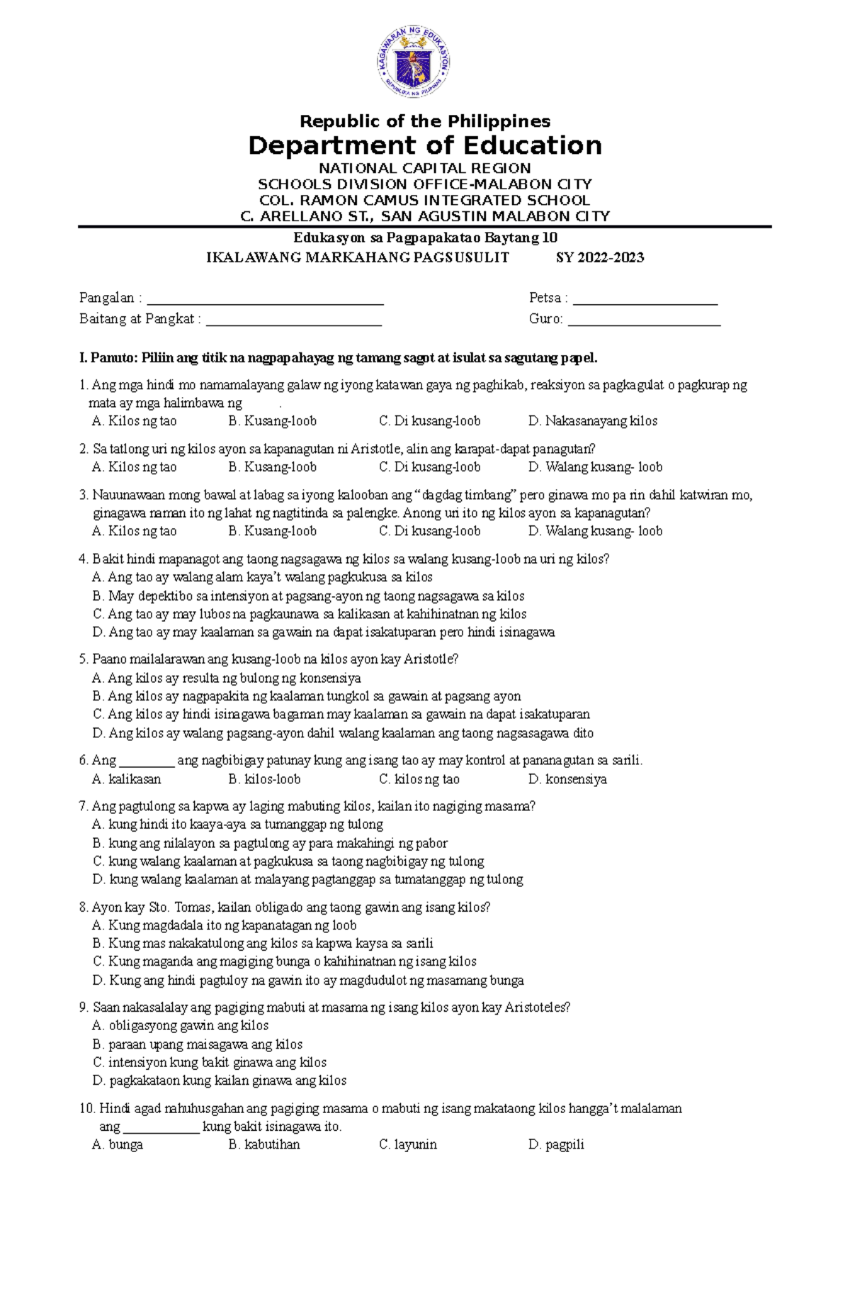 2nd QTR ESP TEST Grade 8 - Republic of the Philippines Department of ...