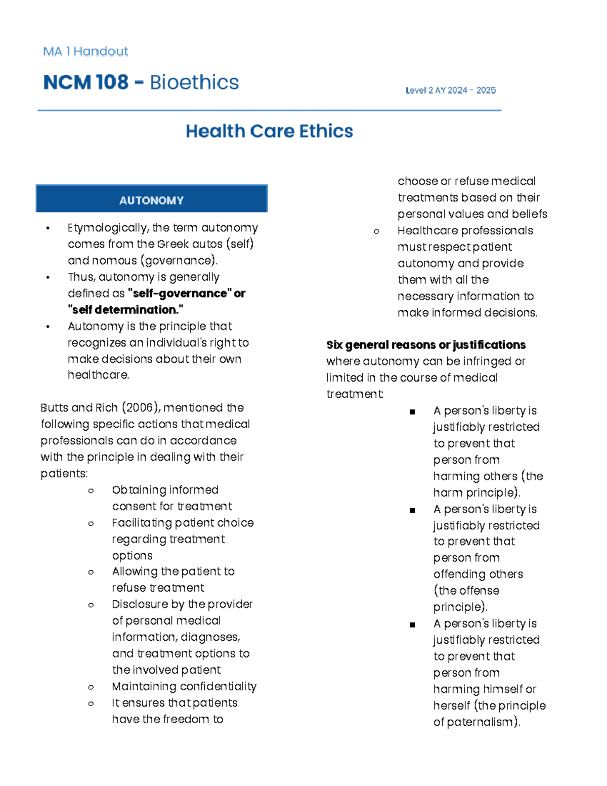 NCM 108 Bioethics Ethical Principles Handout - AUTONOMY Etymologically ...