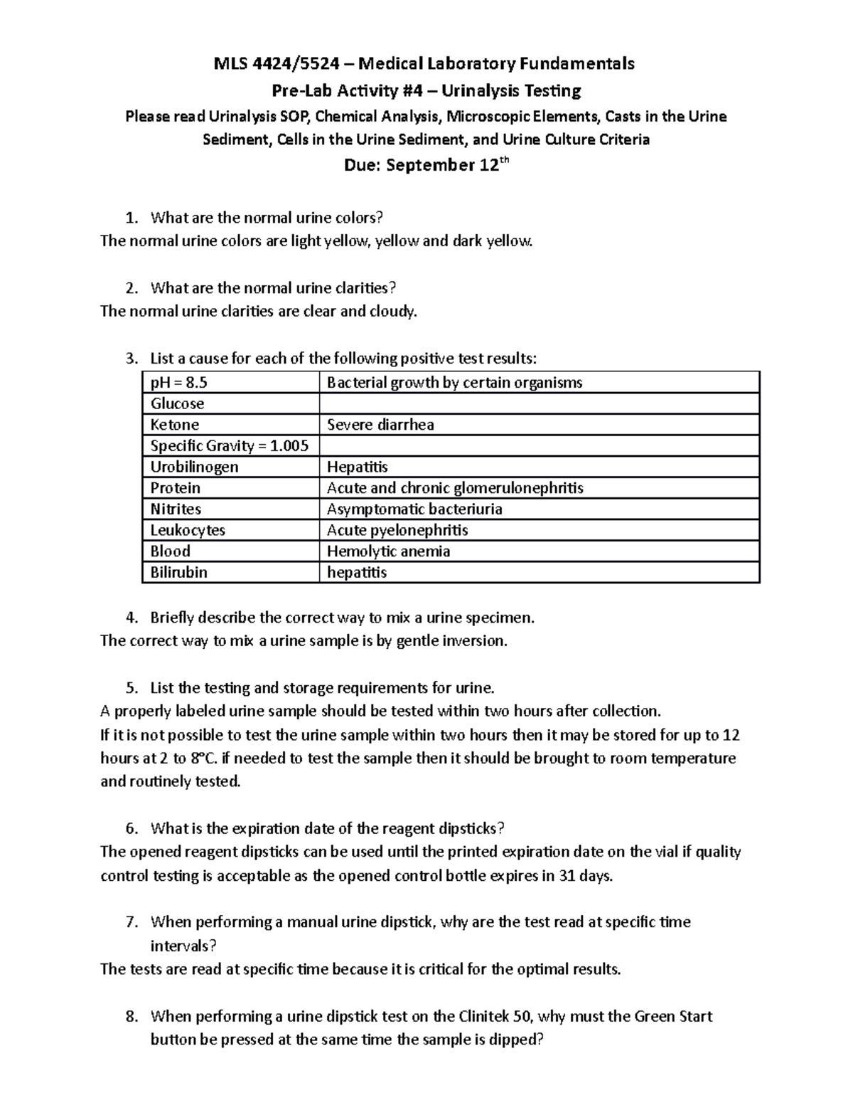 Pre Lab 4 - prelab activity urinalysis testing - MLS 4424/5524 ...