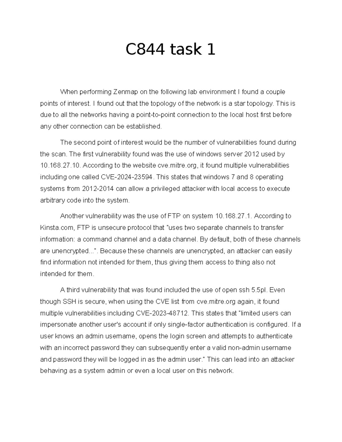 C844 Task 1 - my essay - C844 task 1 When performing Zenmap on the following lab environment I ...