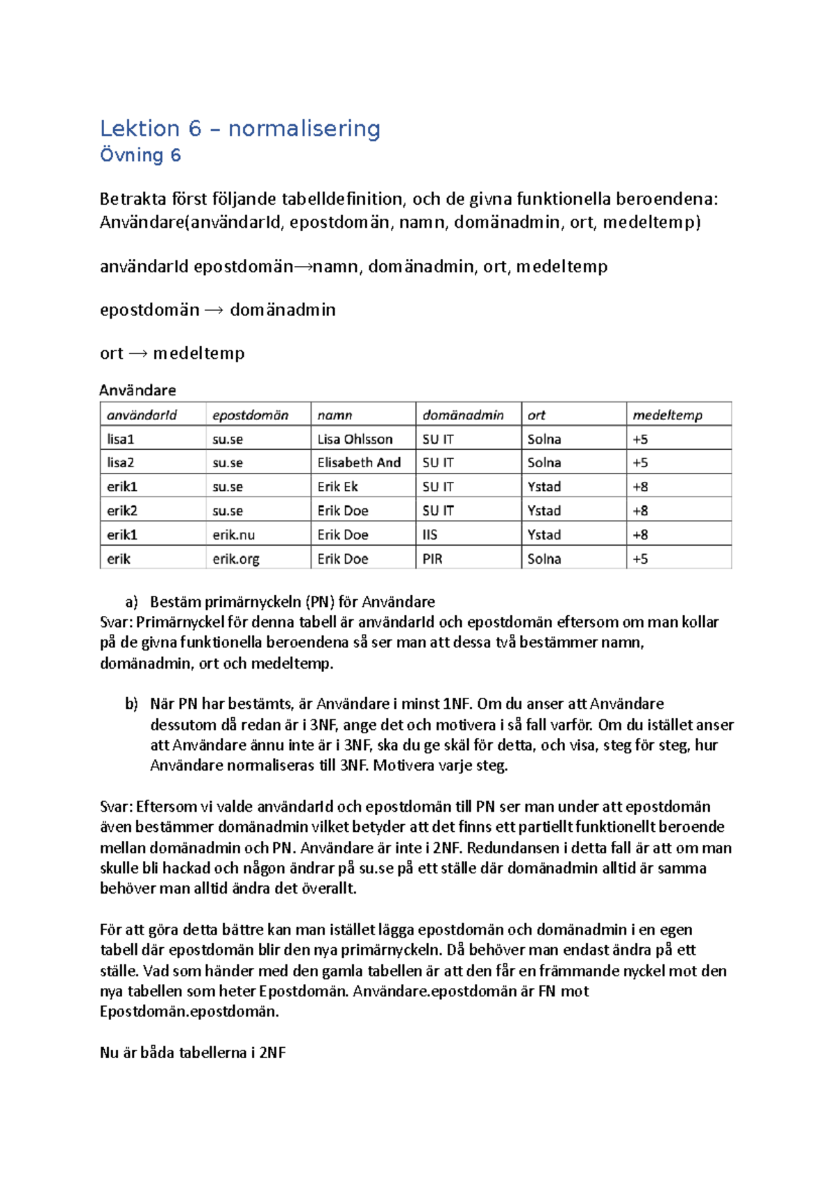 Lektion 6 - Lektion 6 – normalisering Övning 6 Betrakta f漃ࠀrst f漃ࠀljande tabelldefinition, och ...
