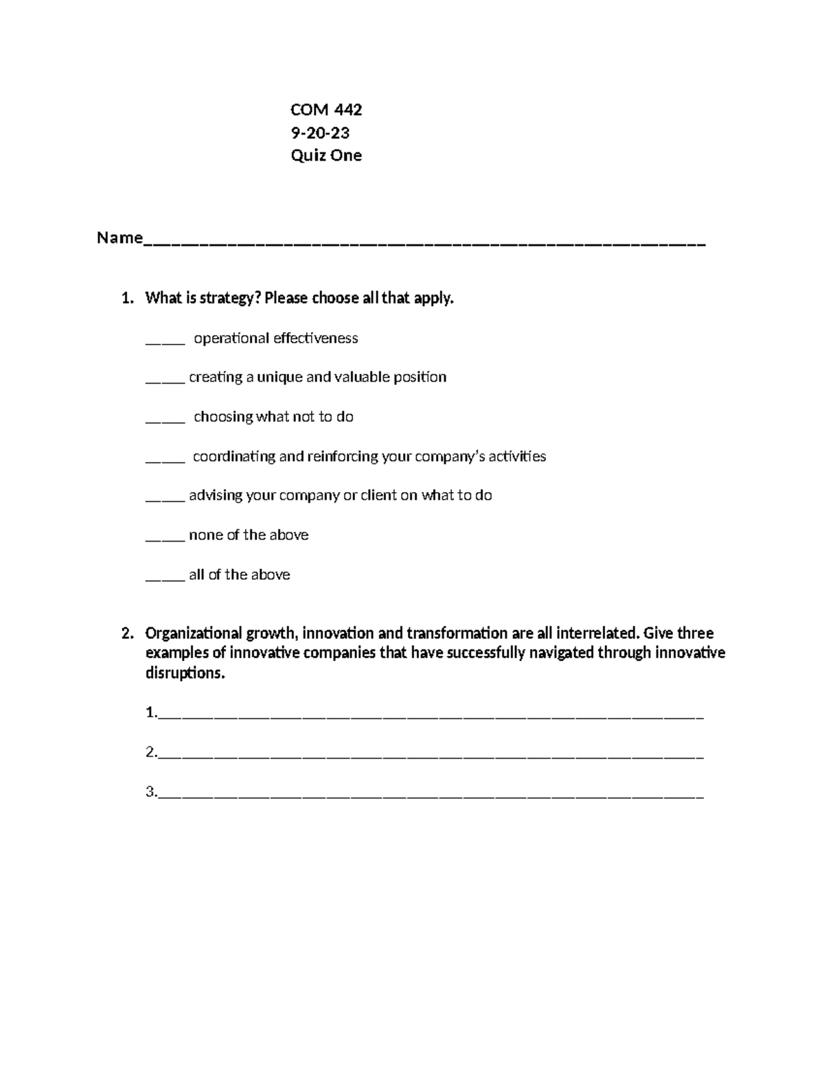 COM 442 Quiz 1 - Quiz 1 - COM 442 9-20- Quiz One - Studocu