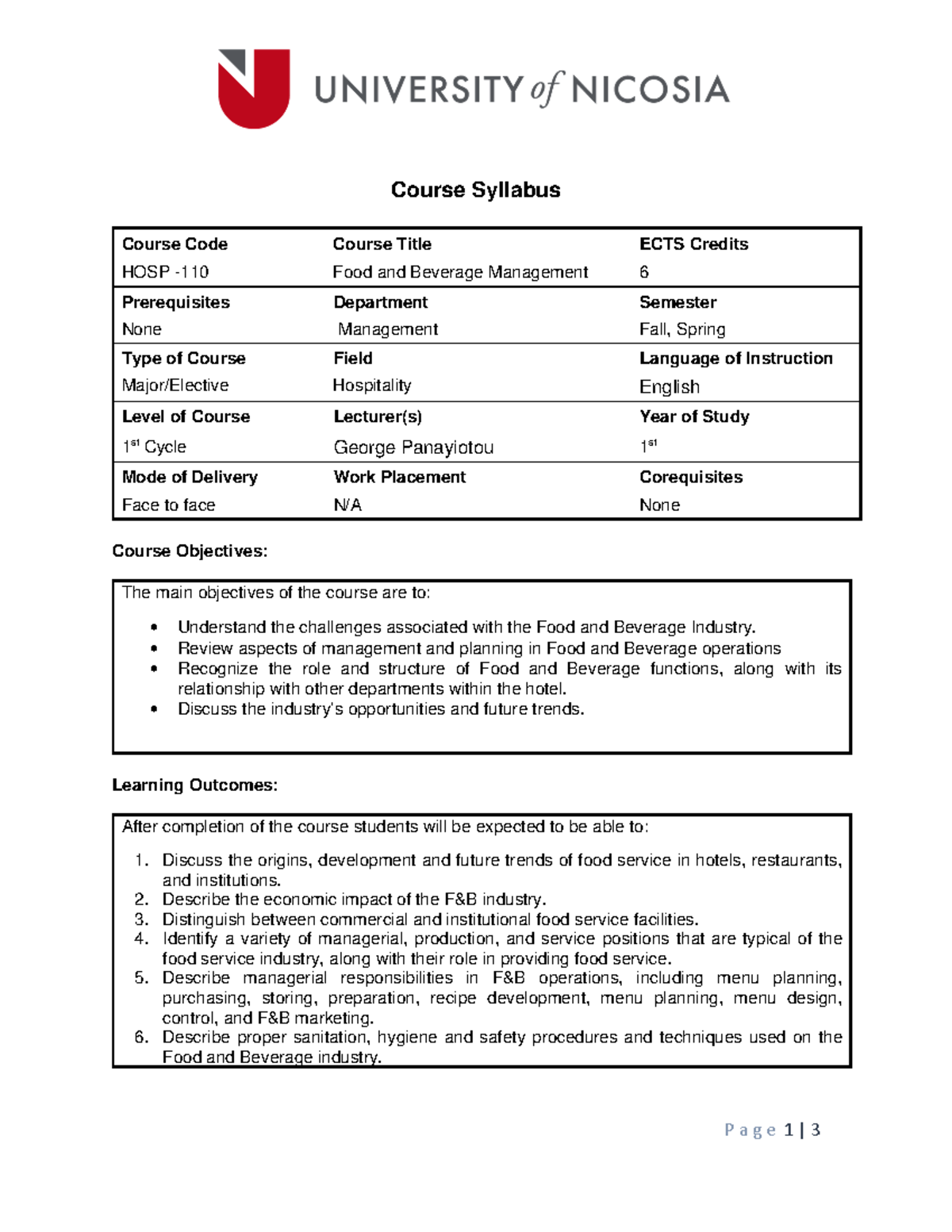 HOSP-110 - Ggffhjk - P a g e 1 | 3 Course Syllabus Course Code Course ...