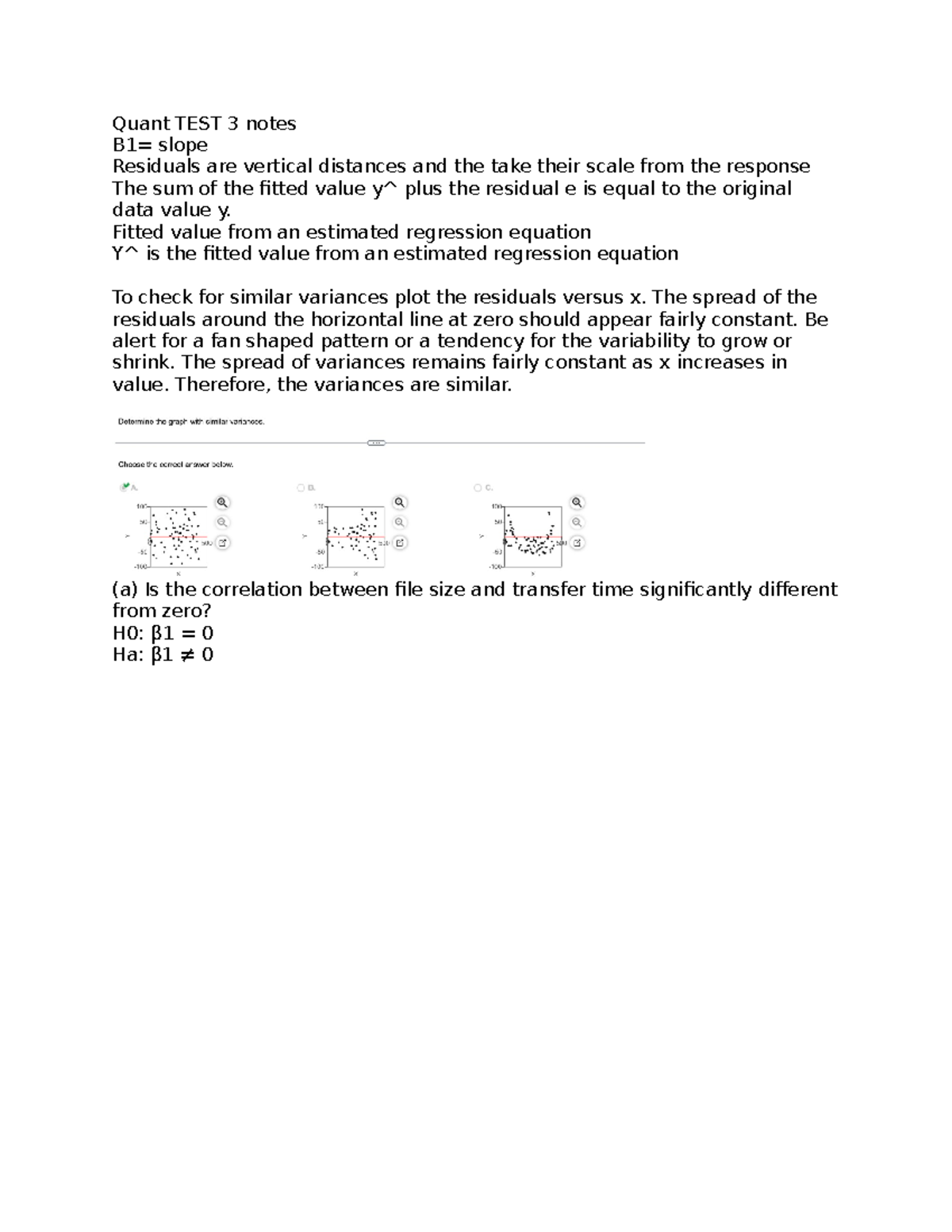Quant TEST 3 notes - Quant TEST 3 notes B1= slope Residuals are ...