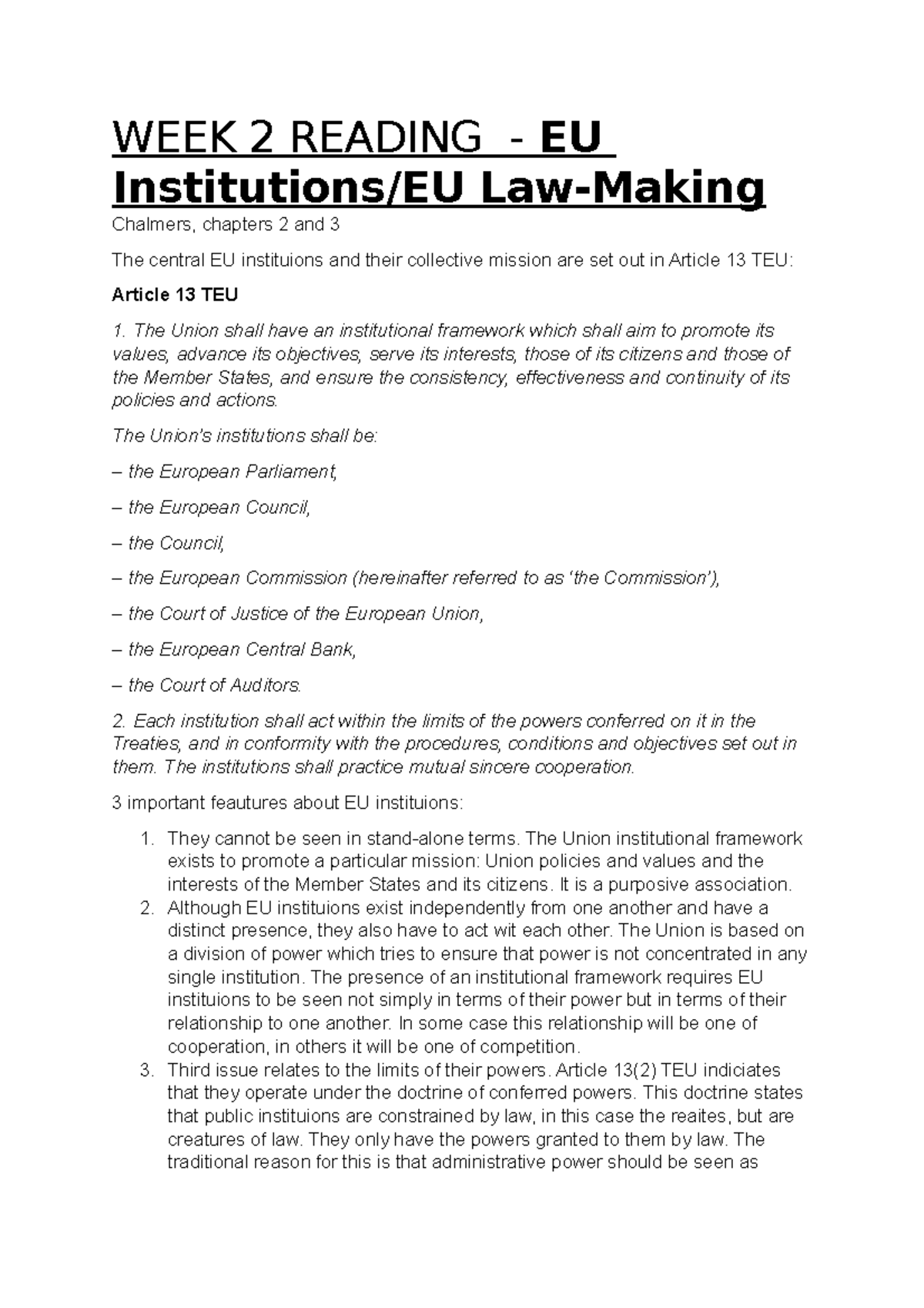 WEEK 2 Reading EU Institutions - WEEK 2 READING - EU Institutions/EU Law-Making Chalmers ...