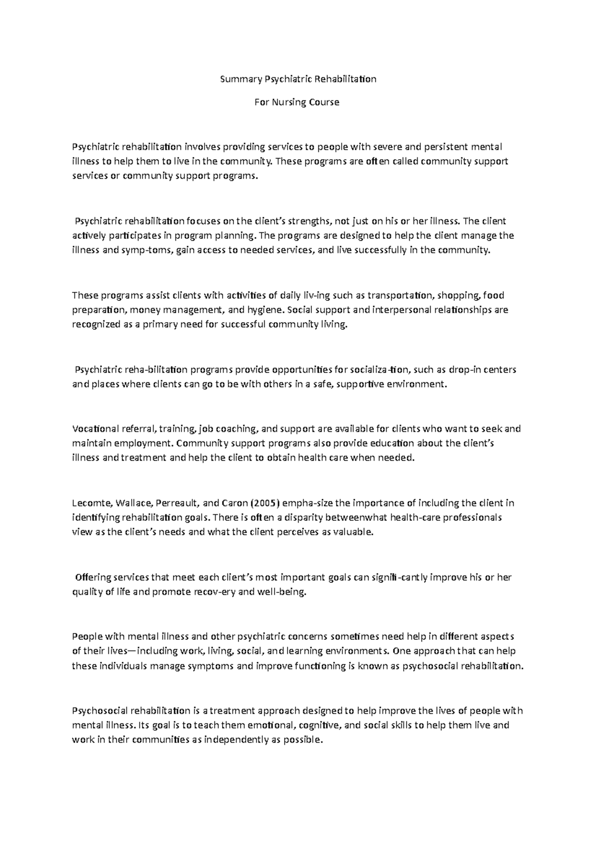 Summary Psychiatric Rehabilitation For Nursing Course - Summary ...