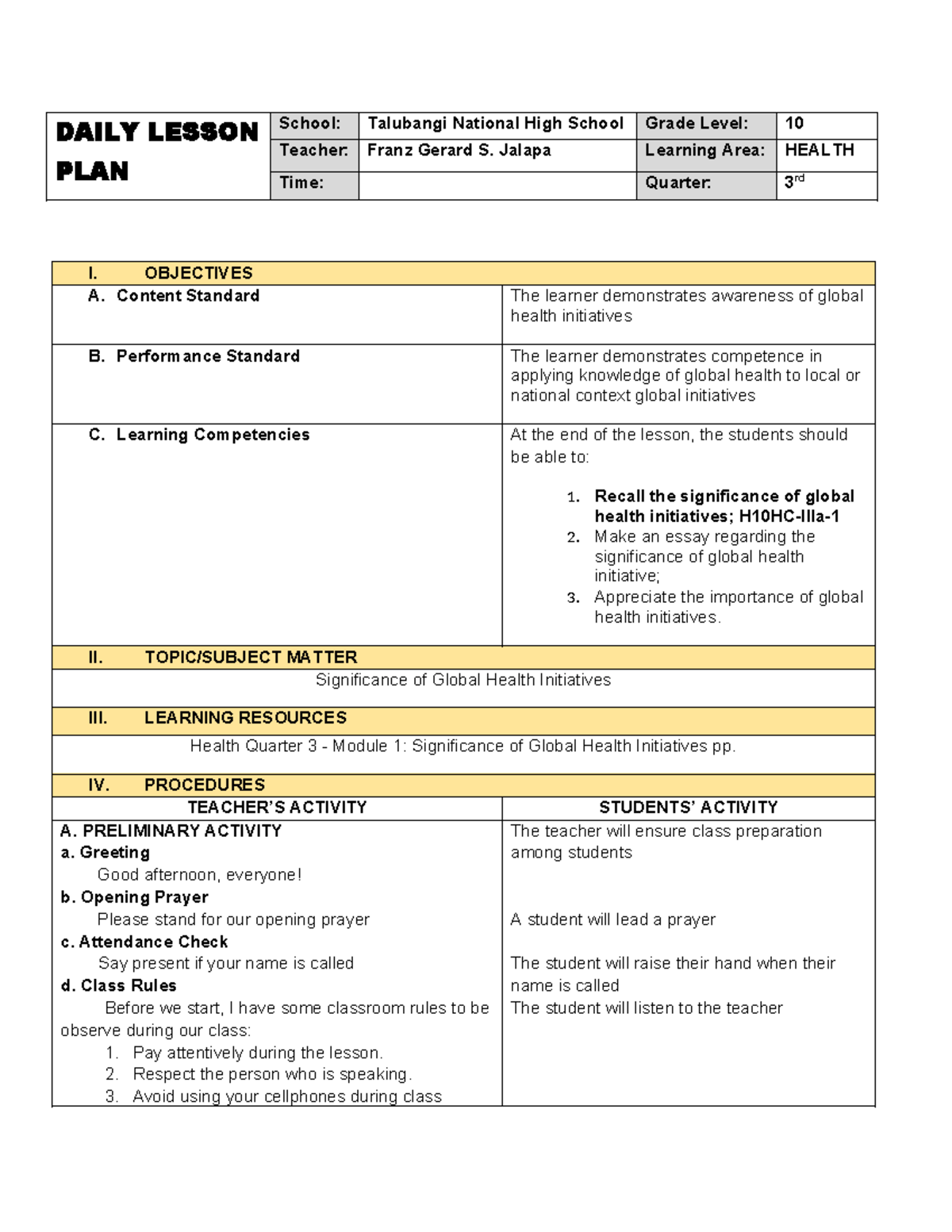 Lesson Plan in Health - Health Iniatives - DAILY LESSON PLAN School ...