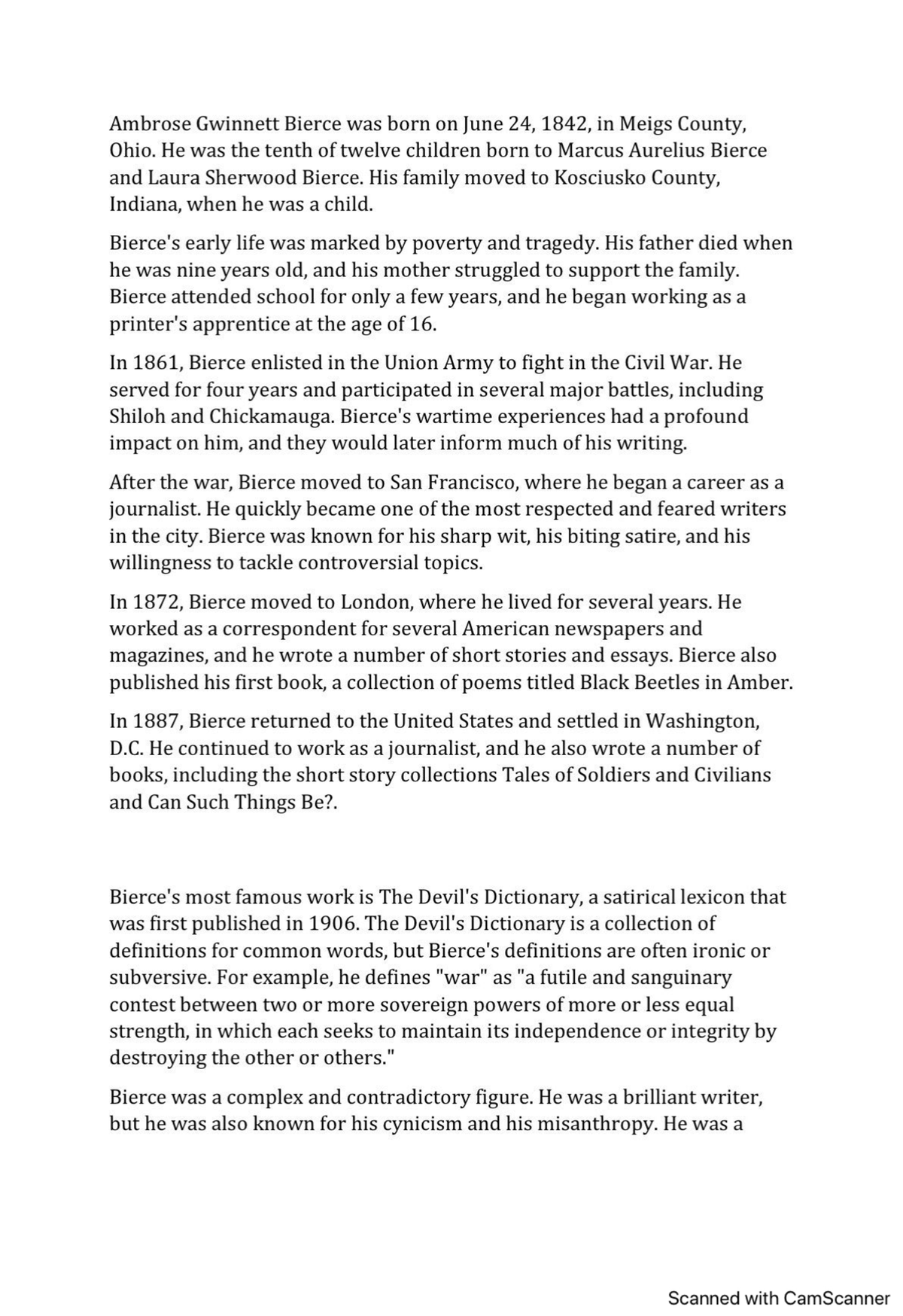 Ambrose Gwinnett Bierce was born on June - He was the tenth of twelve ...