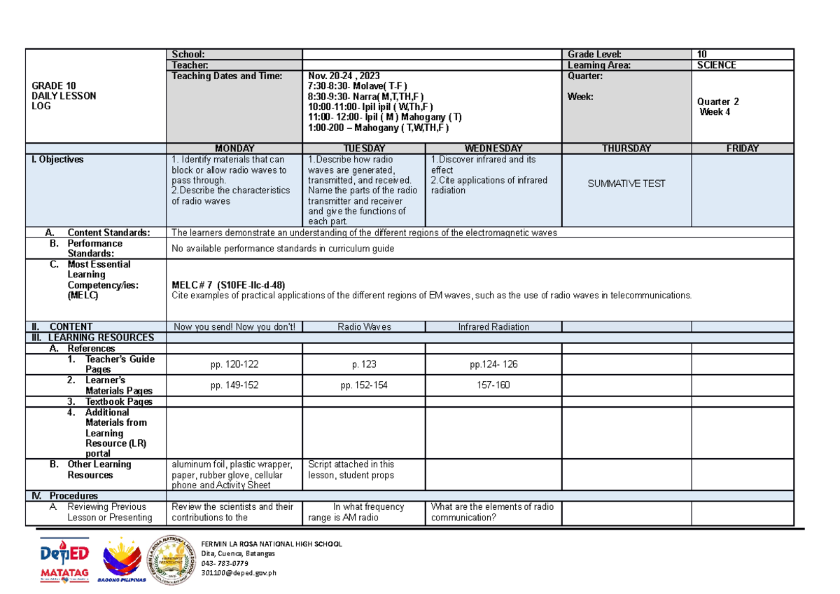 DLL Q 2 WEEK 4 nov - dll - GRADE 10 DAILY LESSON LOG School: Grade ...
