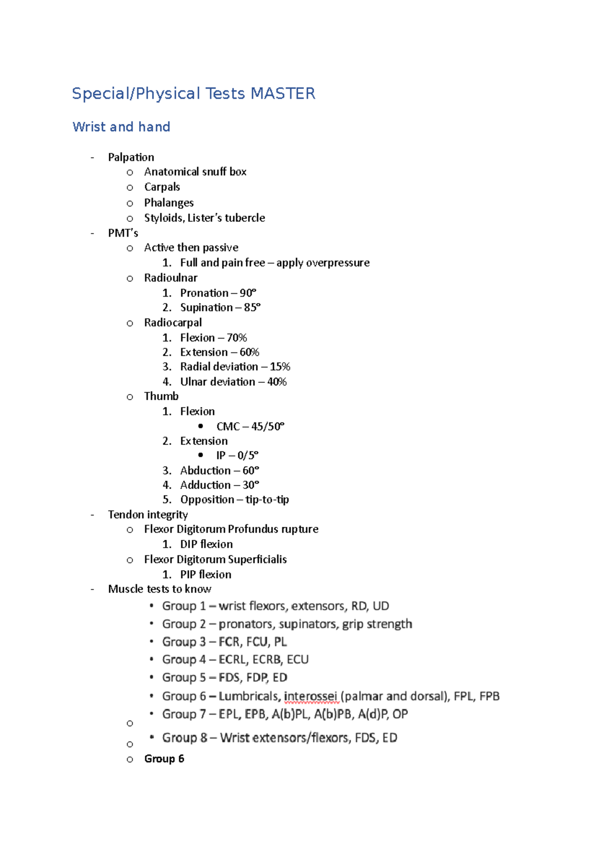 Special tests - prac exam revision - Special/Physical Tests MASTER ...